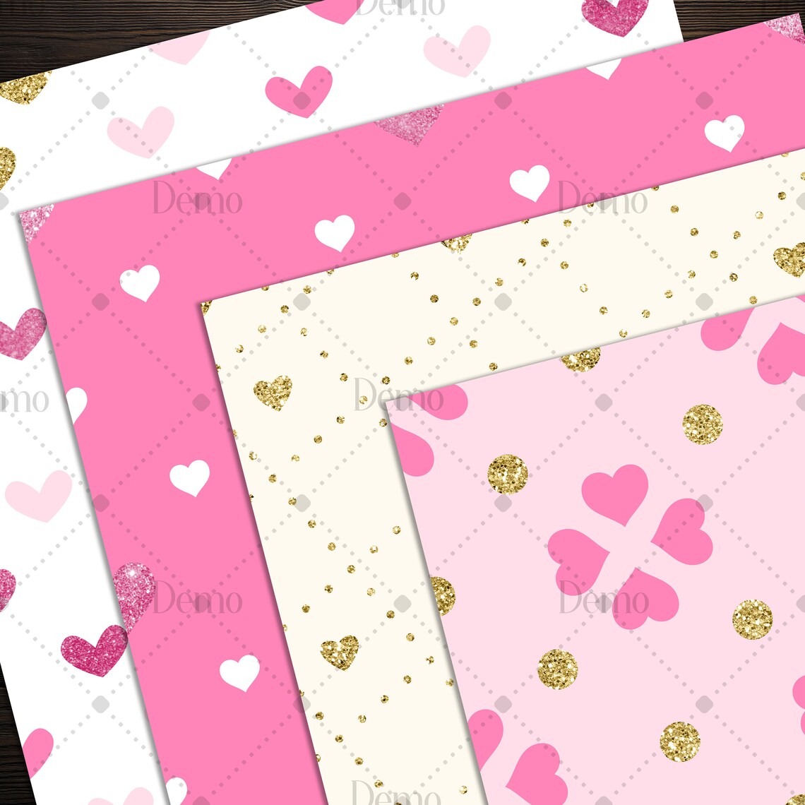 16 Gold Glitter and Pink Heart Digital Papers Commercial Use - Etsy