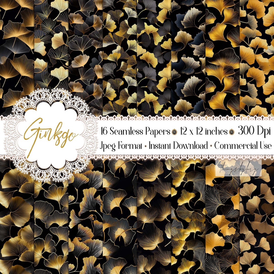 16 Seamless Black and Gold Ginkgo Leaf Digital Papers Commercial Use ...