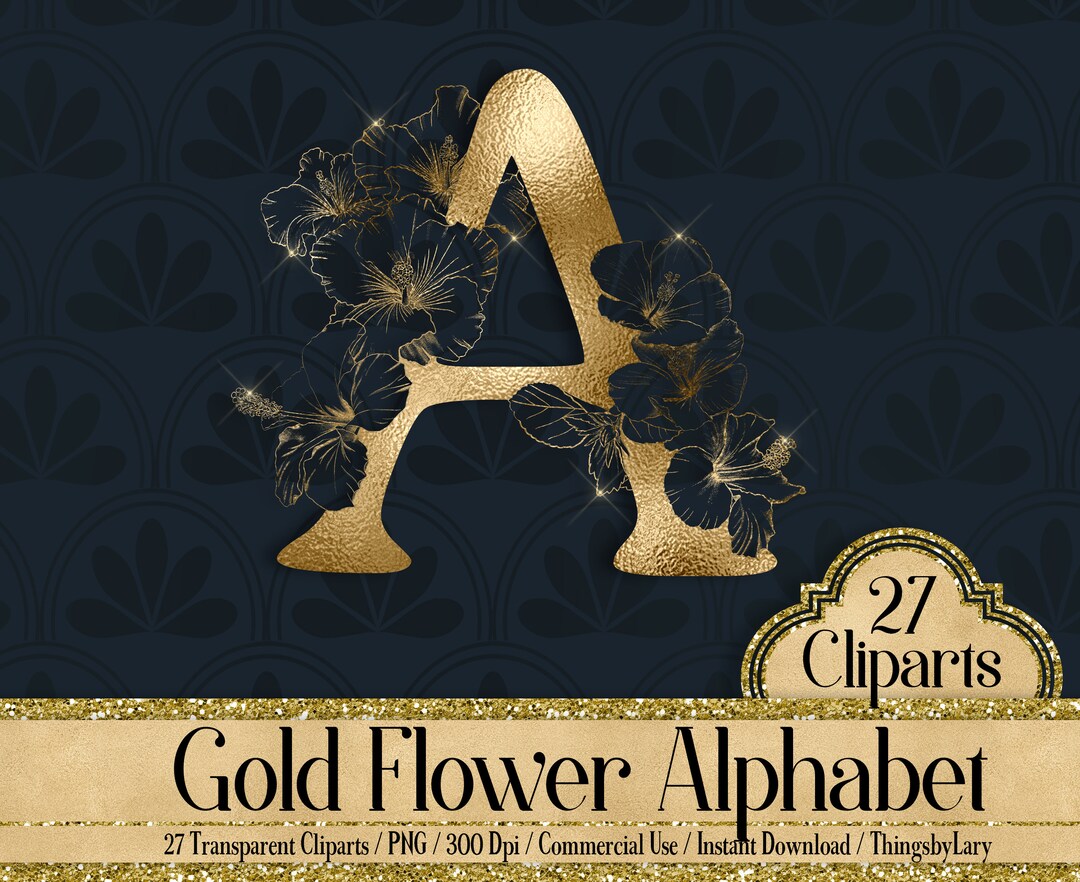 Gold Flower Alphabet 27 Cliparts 300 Dpi Planner Paper Commercial Use ...