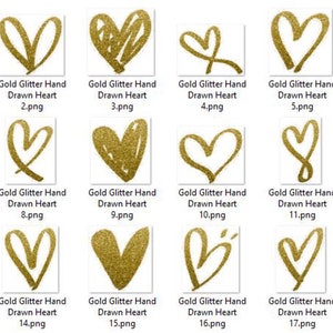 30 Gold Glitter Hand Drawn Heart Clip Arts 300 Dpi Instant Download ...