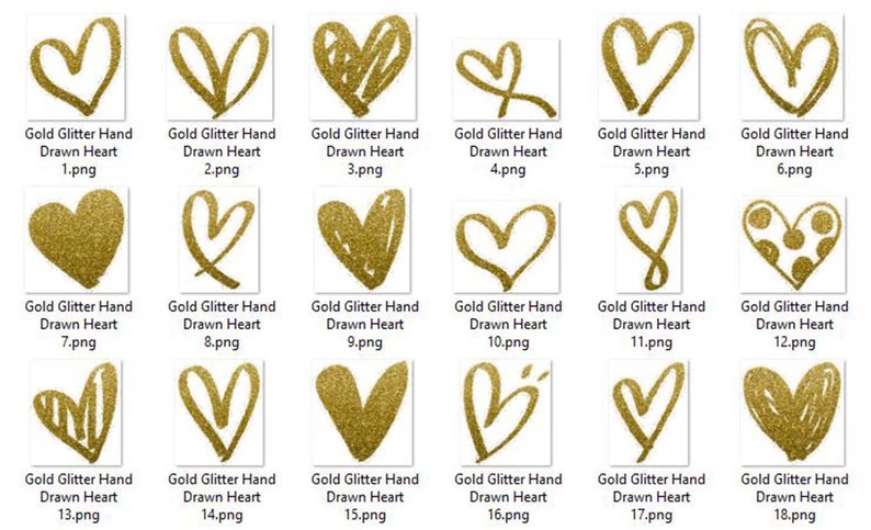 30 Gold Glitter Hand Drawn Heart Clip Arts 300 Dpi Instant Download ...