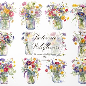 12 Watercolor Wildflower in a Mason Jar Ephemera Isolated Transparent ...