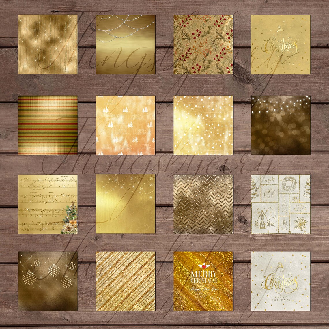 16 Twinkle Gold Christmas Digital Papers 12x12" 300 Dpi Commercial Use ...
