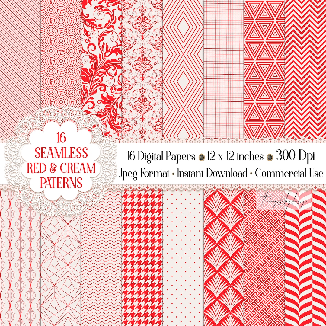16 Seamless Red and Cream Luxury Basic Pattern Digital Papers ...