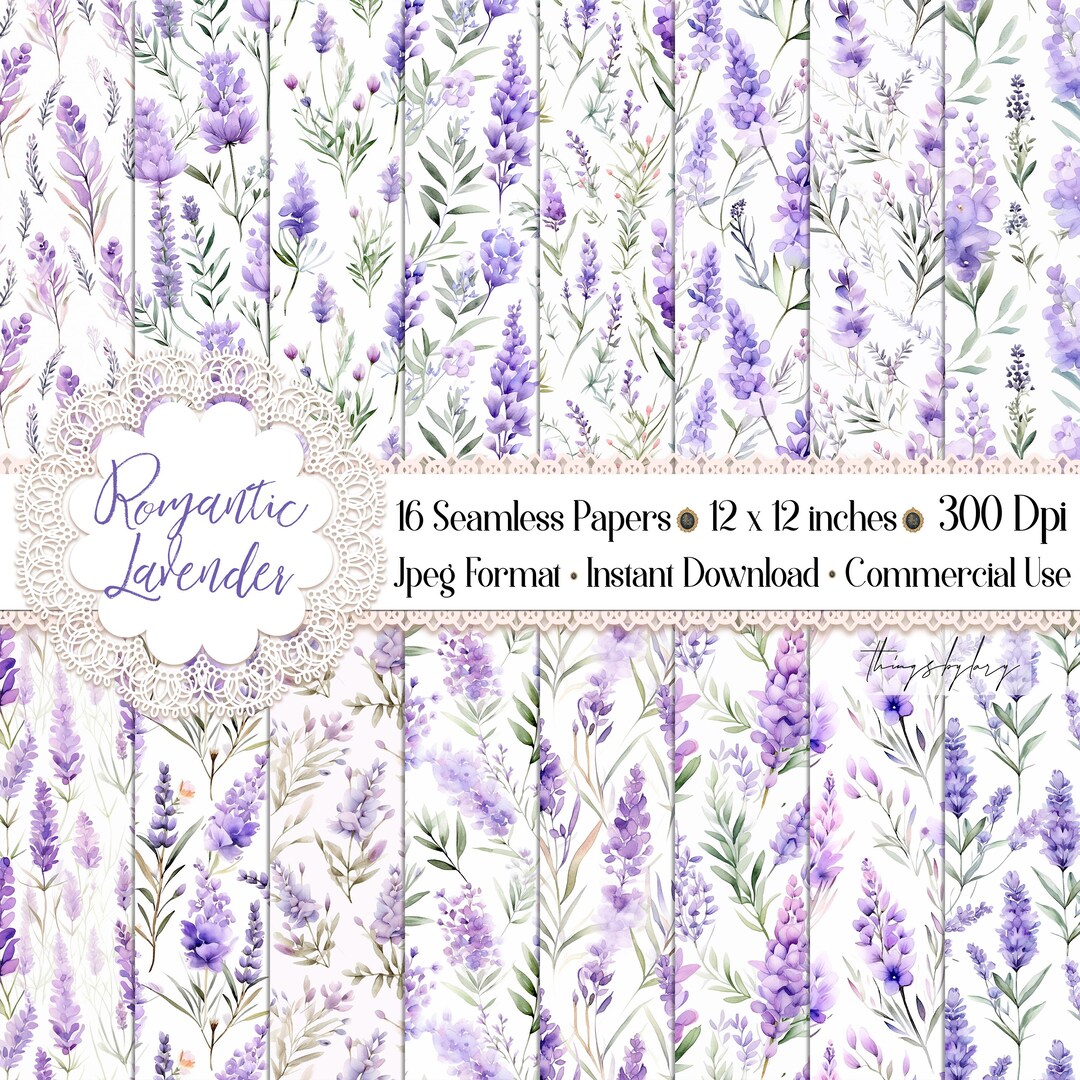 16 Seamless Watercolor Lavender Flower Digital Papers 300 Dpi ...