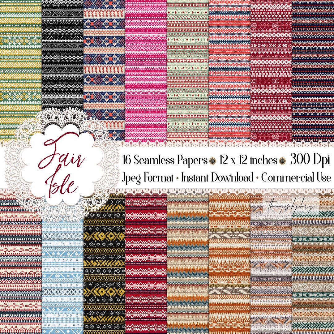 16 Seamless Fair Isle Sweater Pattern Digital Papers 300 Dpi Commercial ...