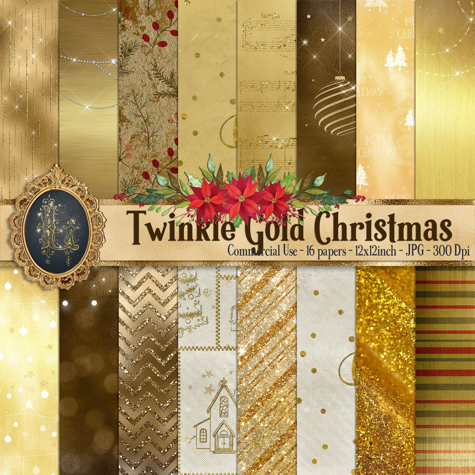 16 Twinkle Gold Christmas Digital Papers 12x12 300 Dpi | Etsy