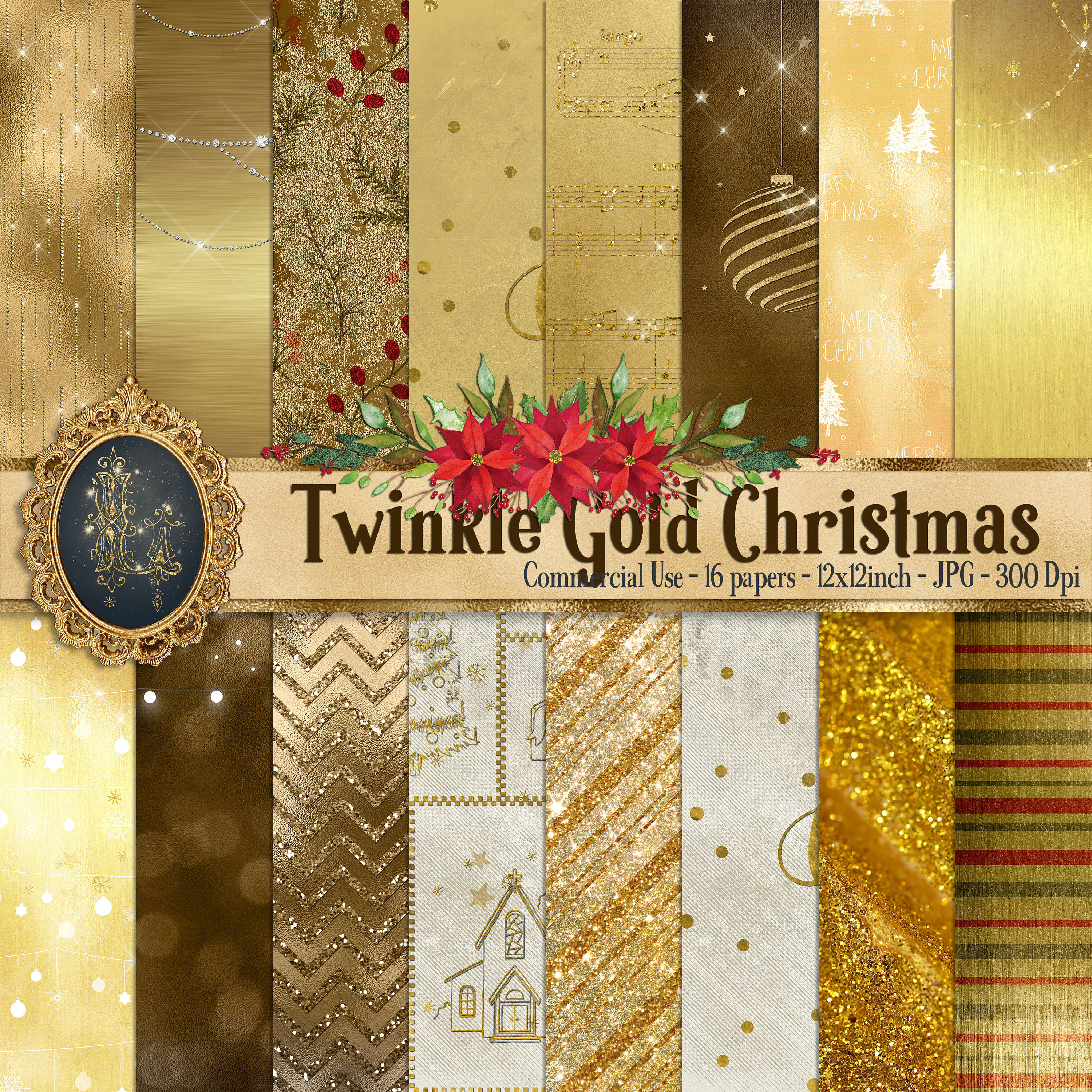 16 Twinkle Gold Christmas Digital Papers 12x12 300 dpi | Etsy
