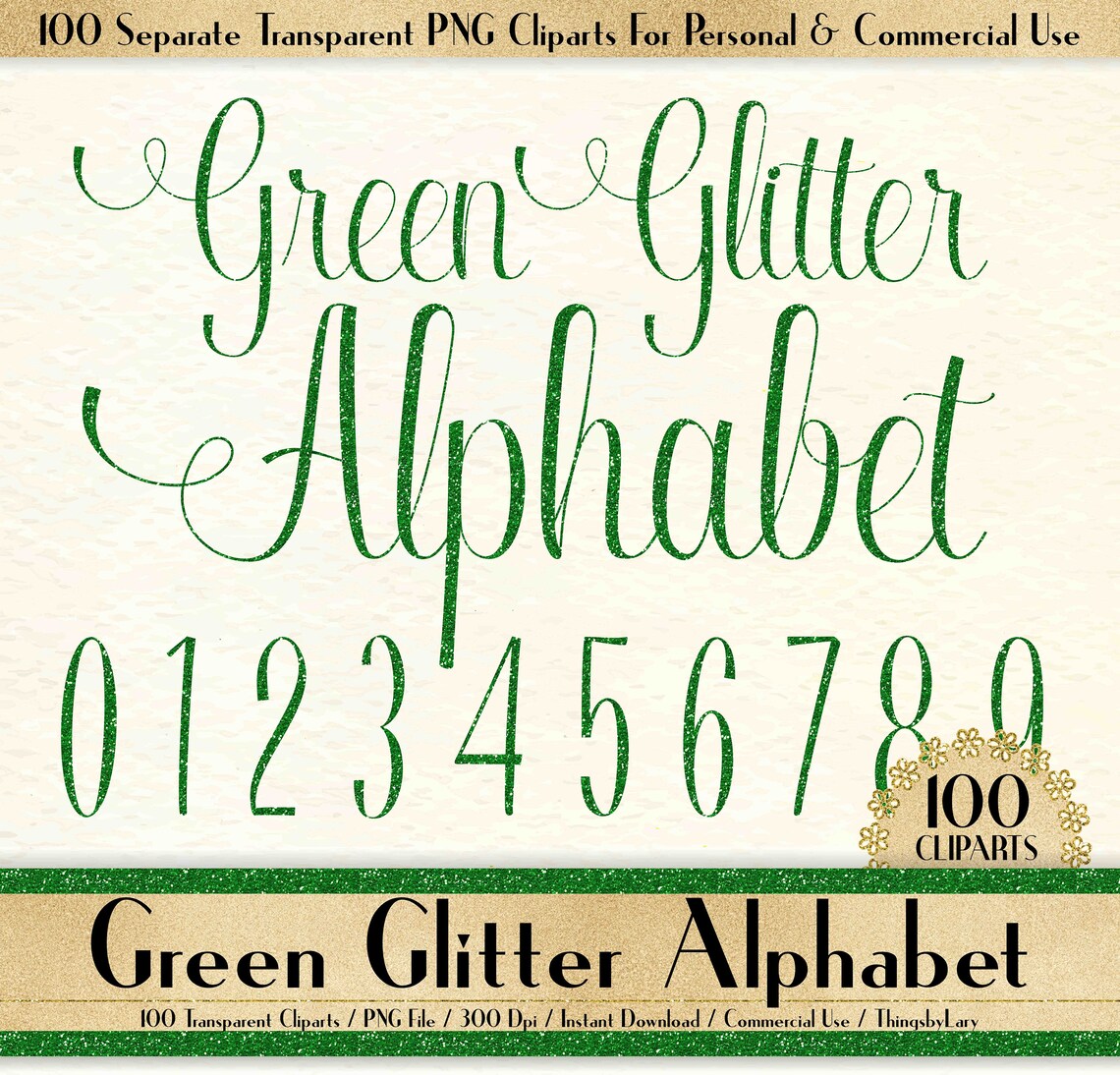 100 Green Glitter Alphabet Cliparts in 12" X 12" Separate, 300 Dpi ...