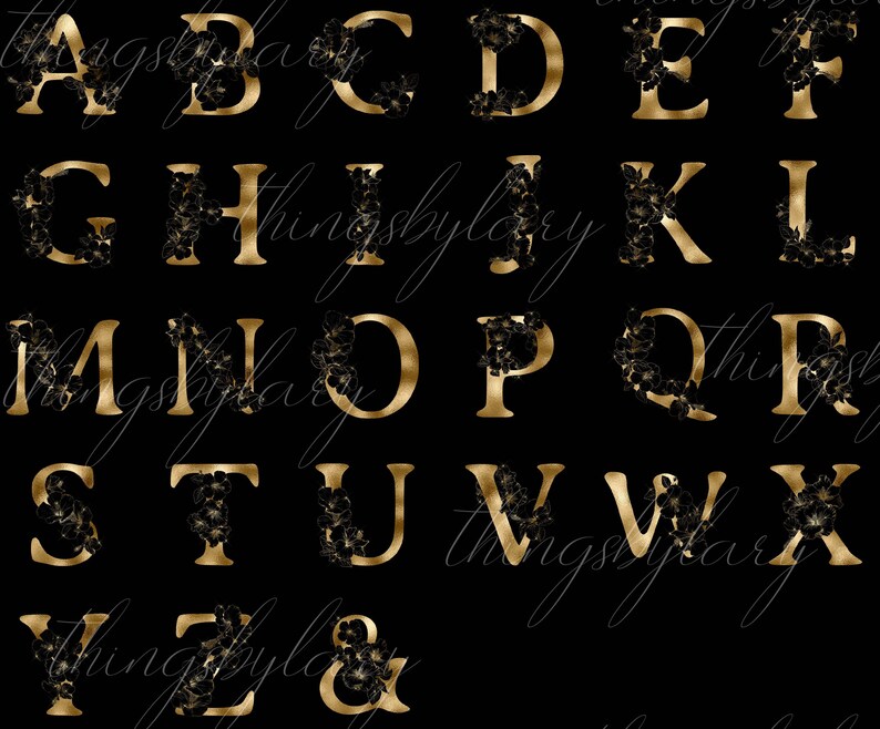 Gold Flower Alphabet 27 Cliparts 300 Dpi Planner Paper Commercial Use ...