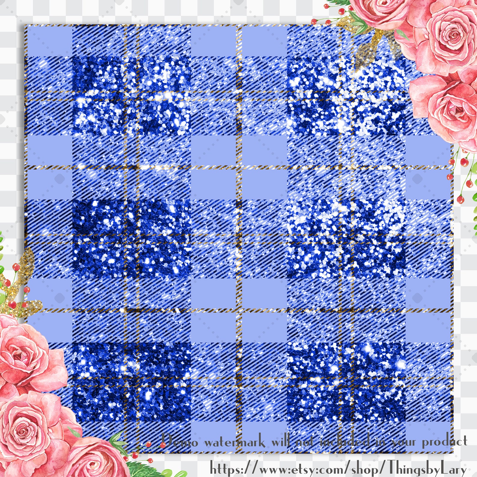 16 Luxury Gold and Royal Blue Glitter Plaid Tartan Digital Paper Pack ...