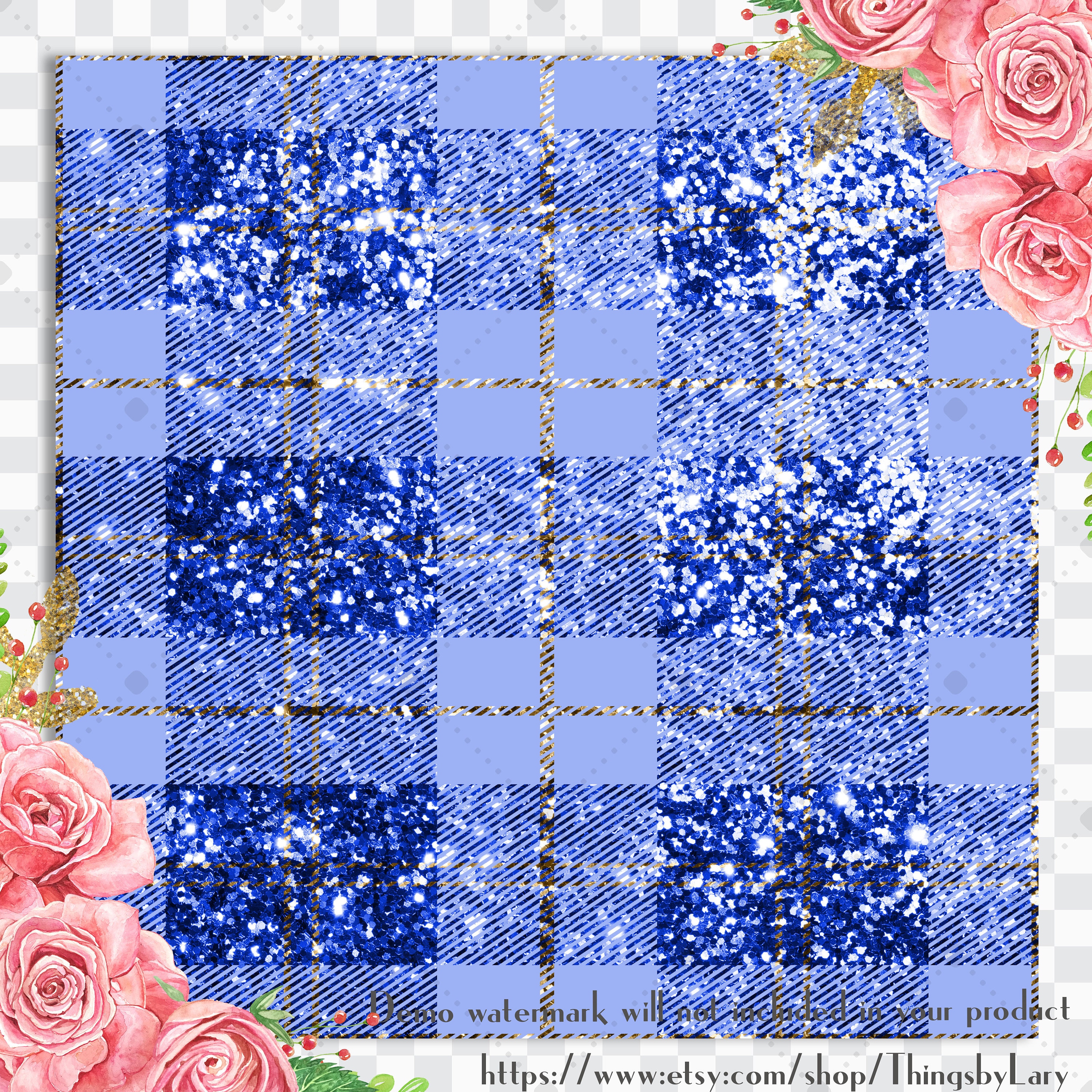16 Luxury Gold and Royal Blue Glitter Plaid Tartan Digital Paper Pack ...