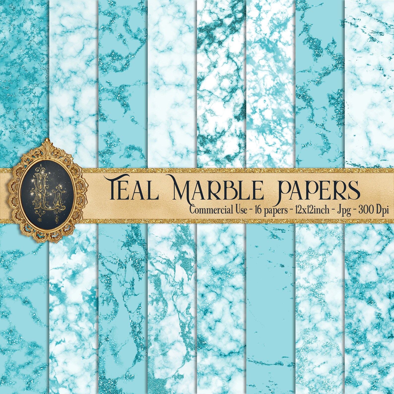 16 Teal Marble Papers, Teal Marble, Digital Marble Paper, Glitter ...