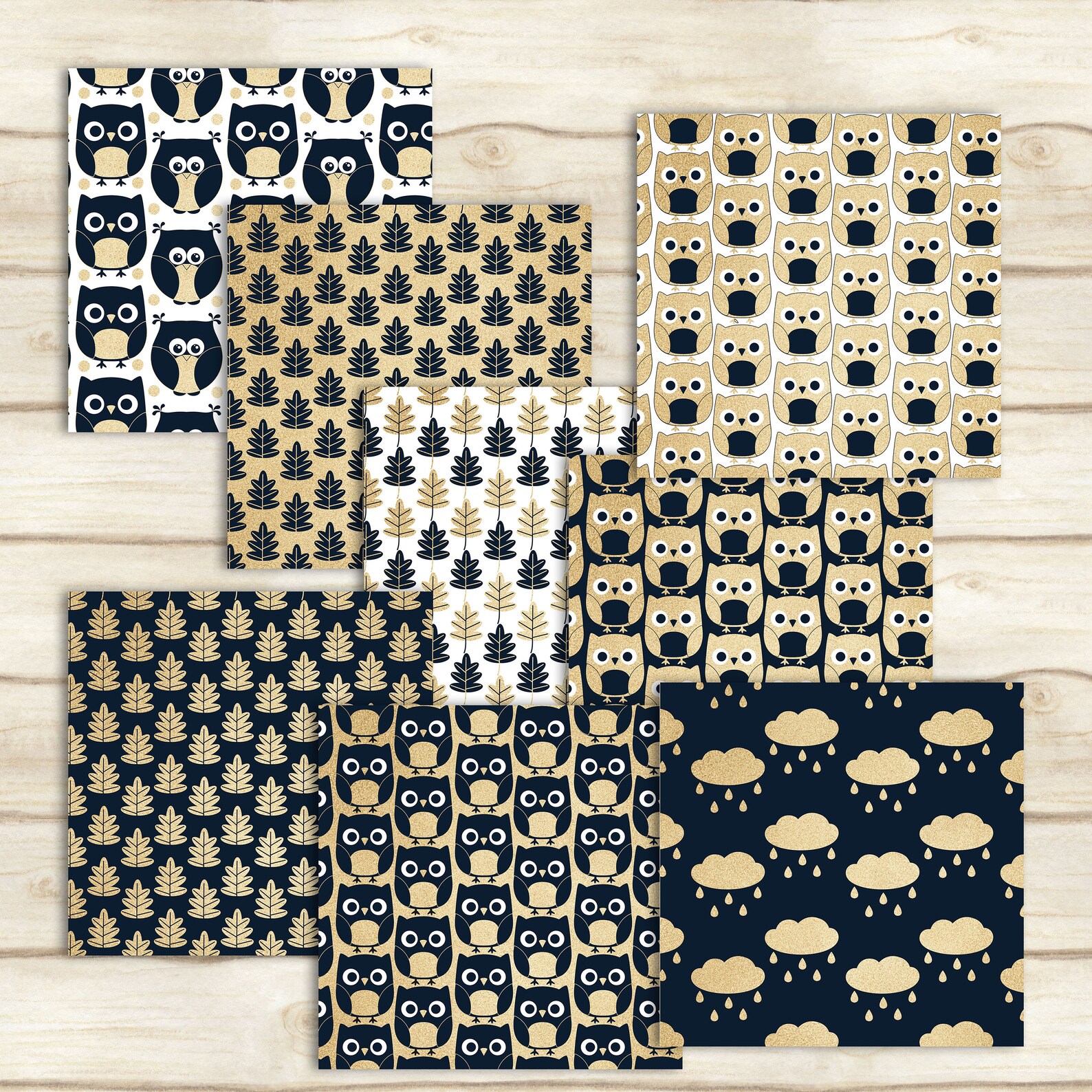 16 Cute Owl Pattern Gold Foil and Navy Blue Digital Papers in | Etsy