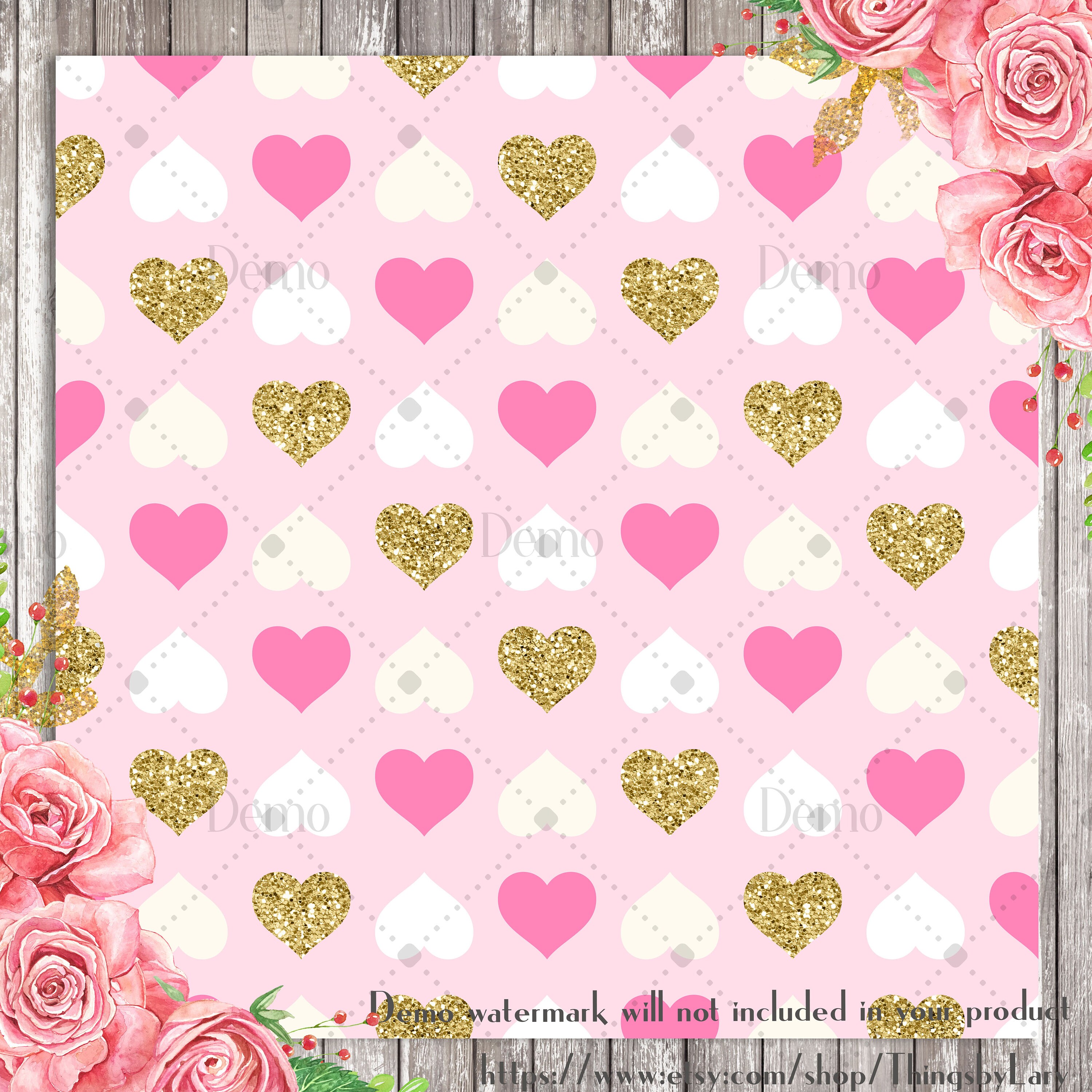 16 Gold Glitter and Pink Heart Digital Papers Commercial Use, Glitter ...