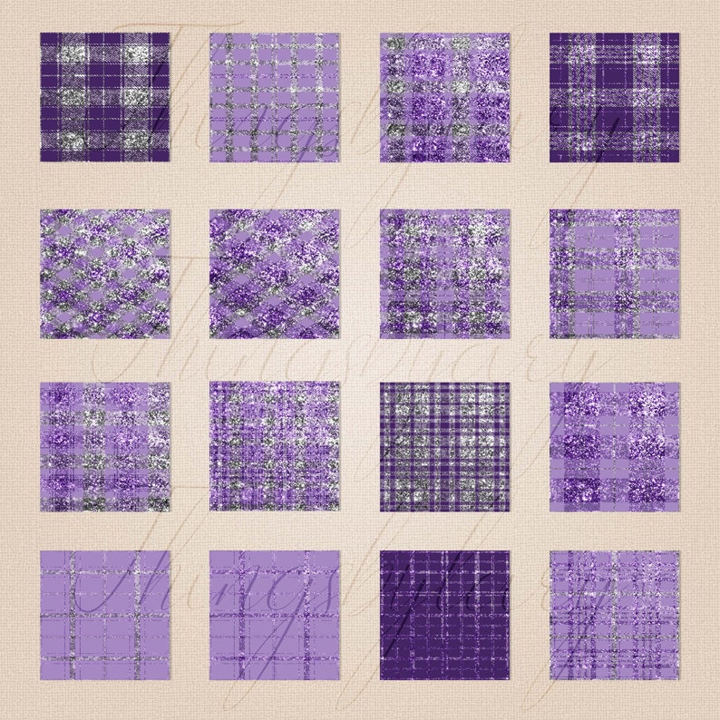16 Seamless Silver Glitter and Purple Plaid Tartan Digital Paper Pack ...
