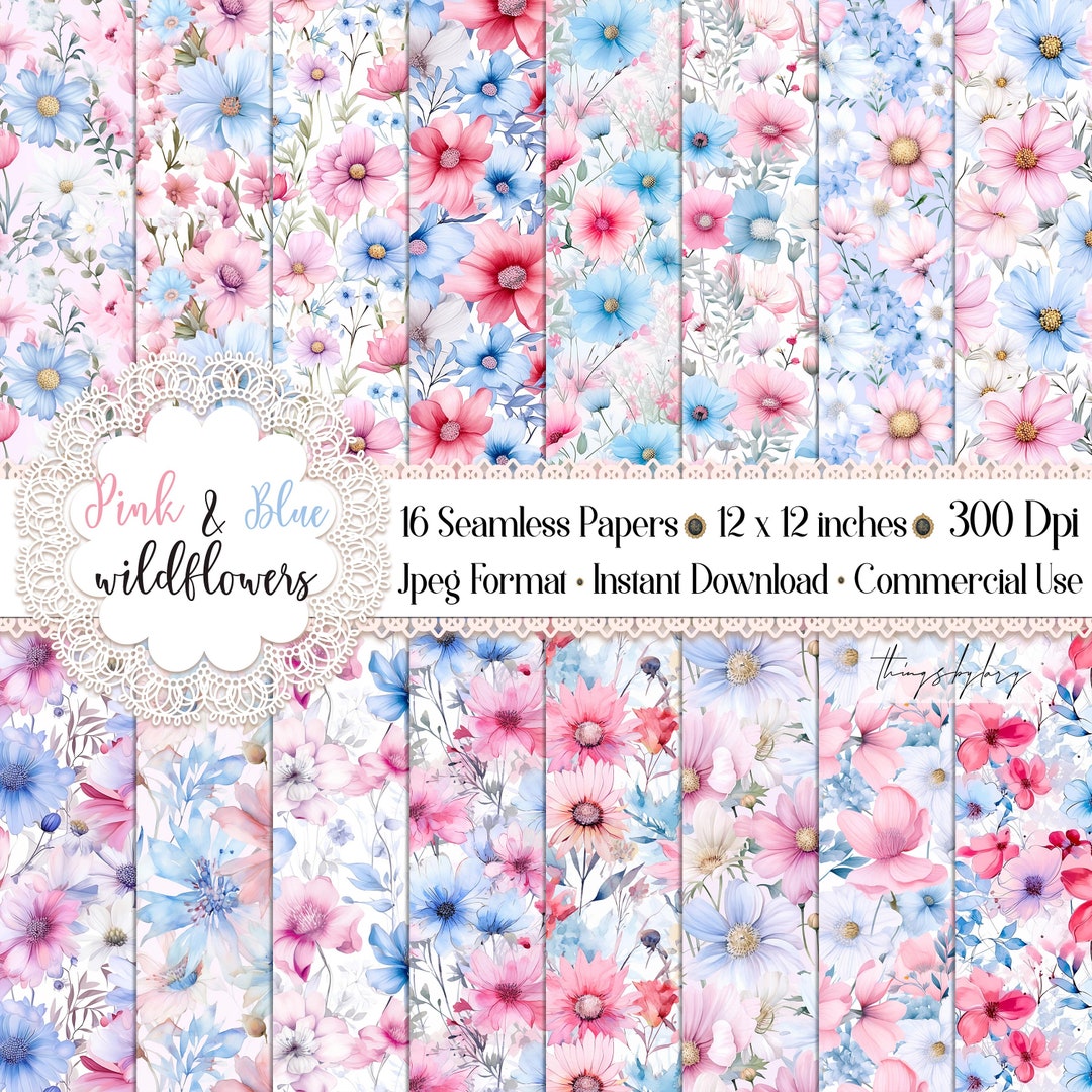 16 Seamless Watercolor Pink and Baby Blue Flowers Digital Papers ...