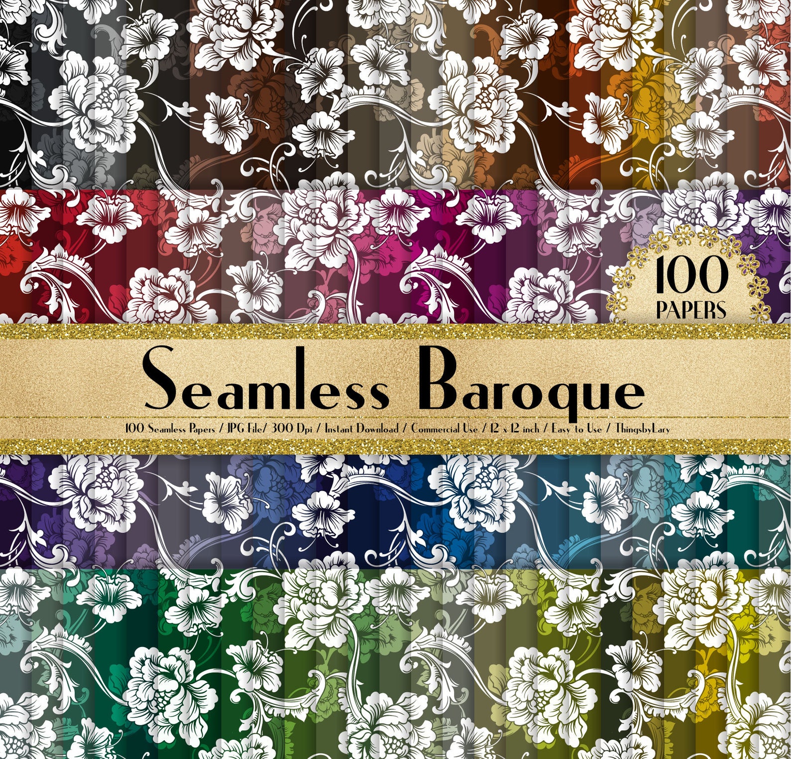 100 Seamless Baroque Pattern Papers in 12" X 12", 300 Dpi Planner Paper ...