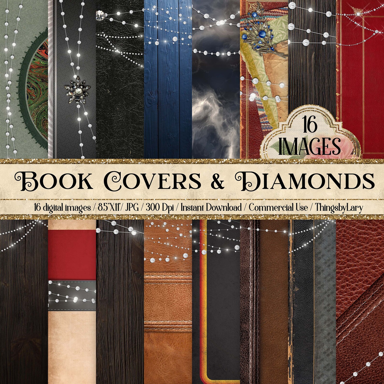 16 Antique Book Cover With Diamond Digital Papers 8.5x11" 300 Dpi ...