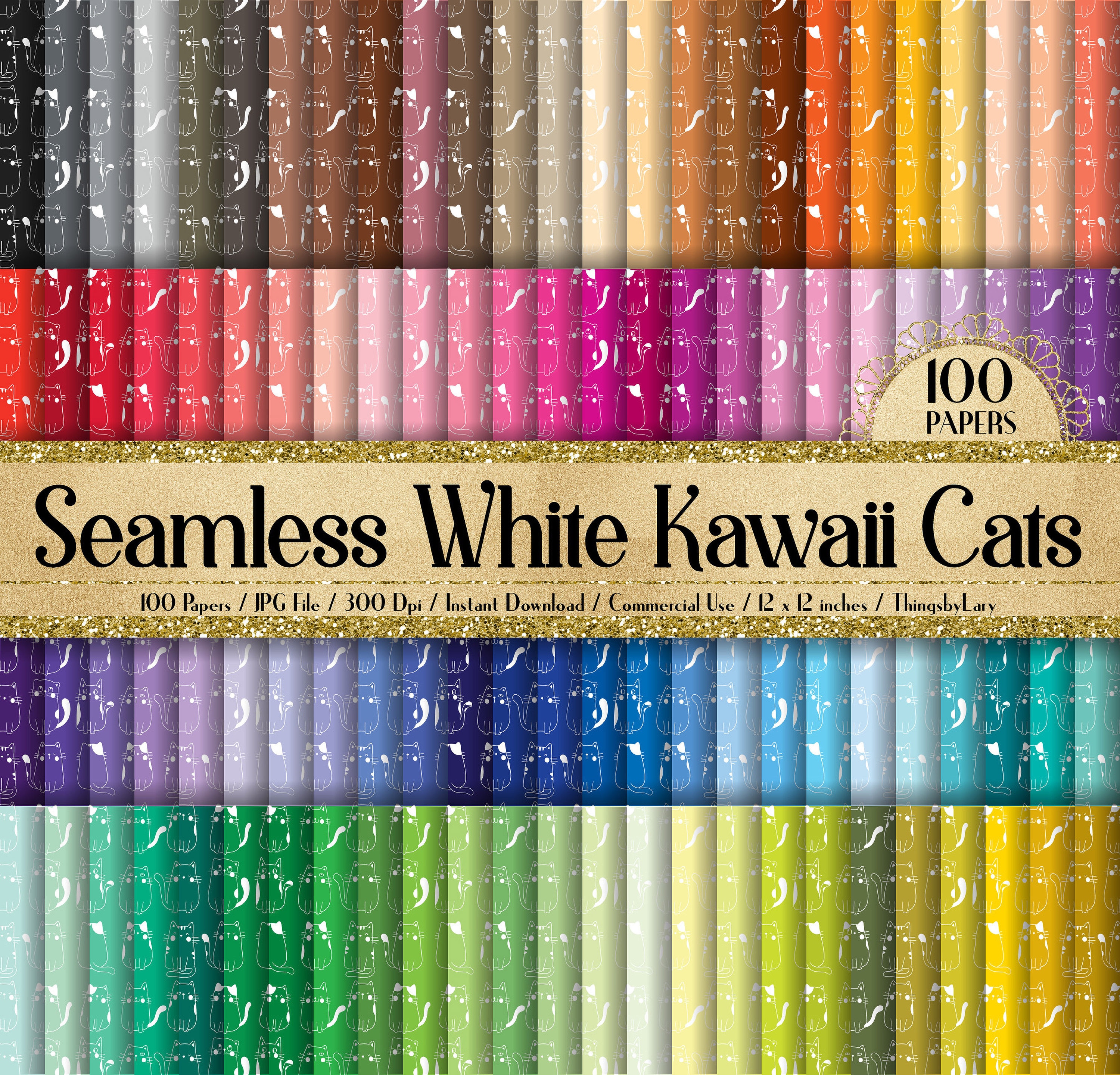 100 Seamless White Kawaii Cat Digital Papers Commercial Use ...