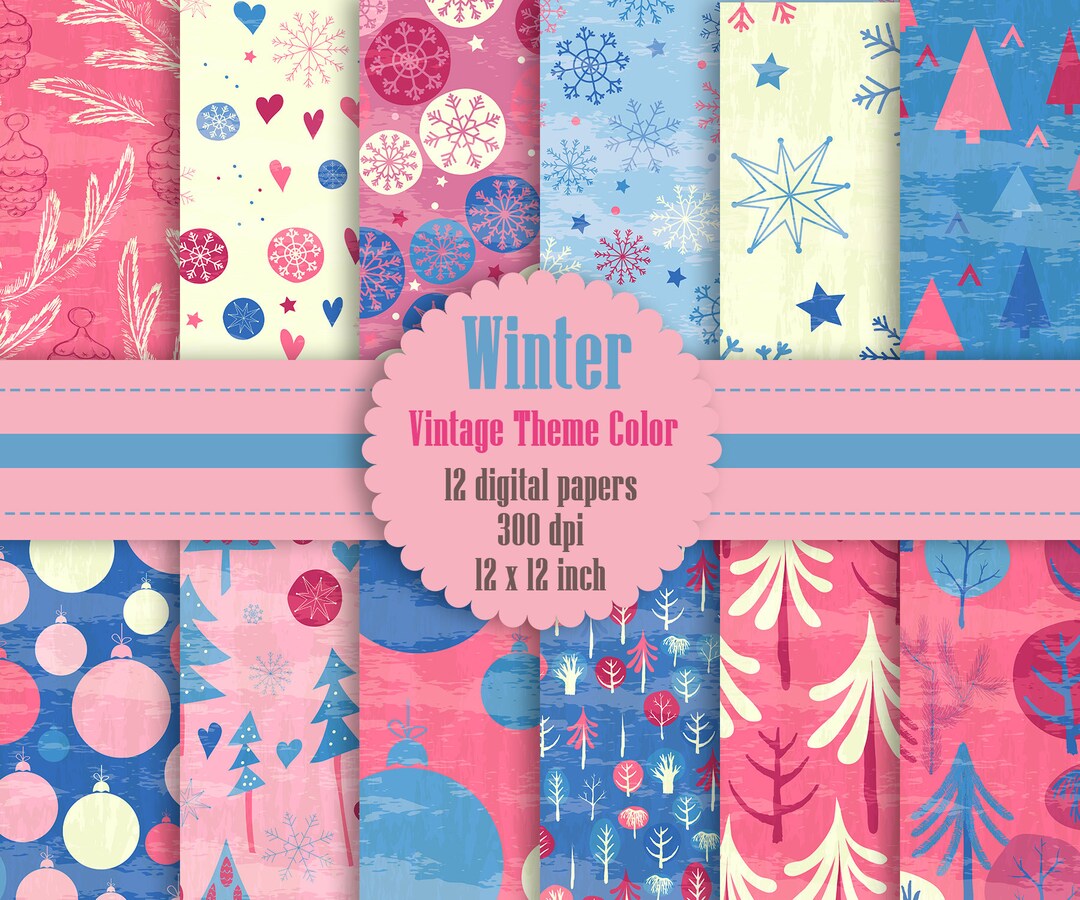 12 Winter Pattern Digital Papers in Vintage Theme Color in 12 Inch ...