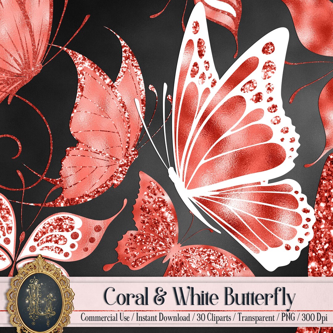30 Living Coral Foil Glitter Butterfly Digital Images 300 Dpi Instant ...