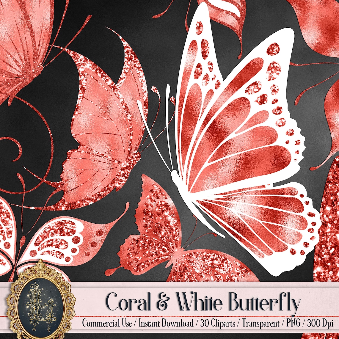 30 Living Coral Foil Glitter Butterfly Digital Images 300 Dpi | Etsy