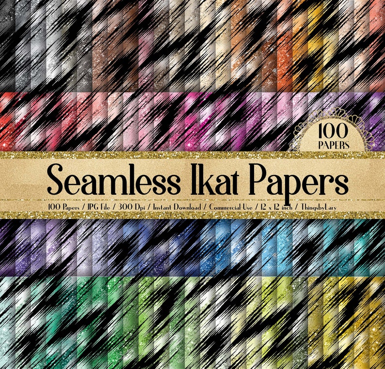 100 Seamless Glitter Ikat Pattern Digital Papers 12x12" 300 Dpi Planner ...