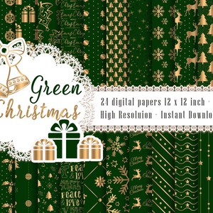 24 Green & Gold Christmas Digital Papers 12 X 12 Inch 300 Dpi Instant ...