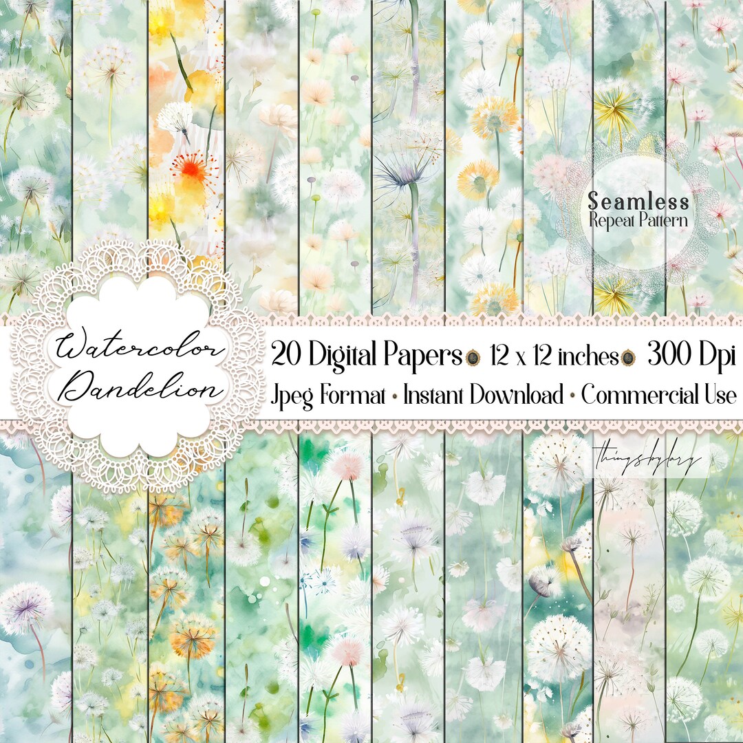 20 Seamless Watercolor Dandelion Digital Papers Meadow Flowers ...