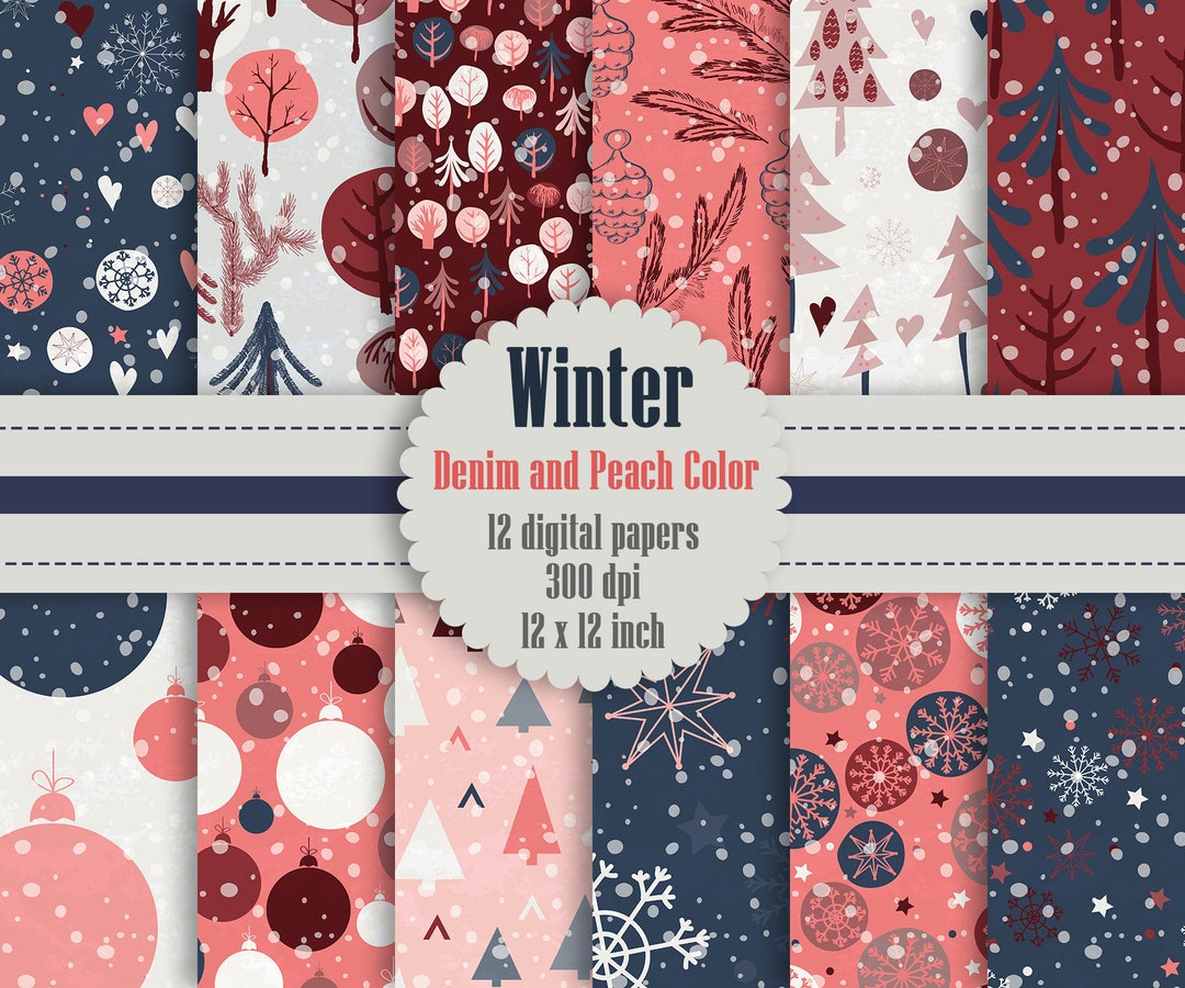 12 Winter Pattern Digital Papers in Denim and Peach Color in 12 Inch ...