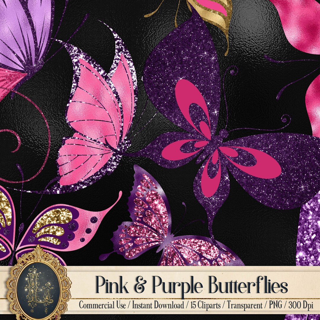 15 Pink and Purple Butterflies Gold Glitter Foil Butterfly Clip Arts ...