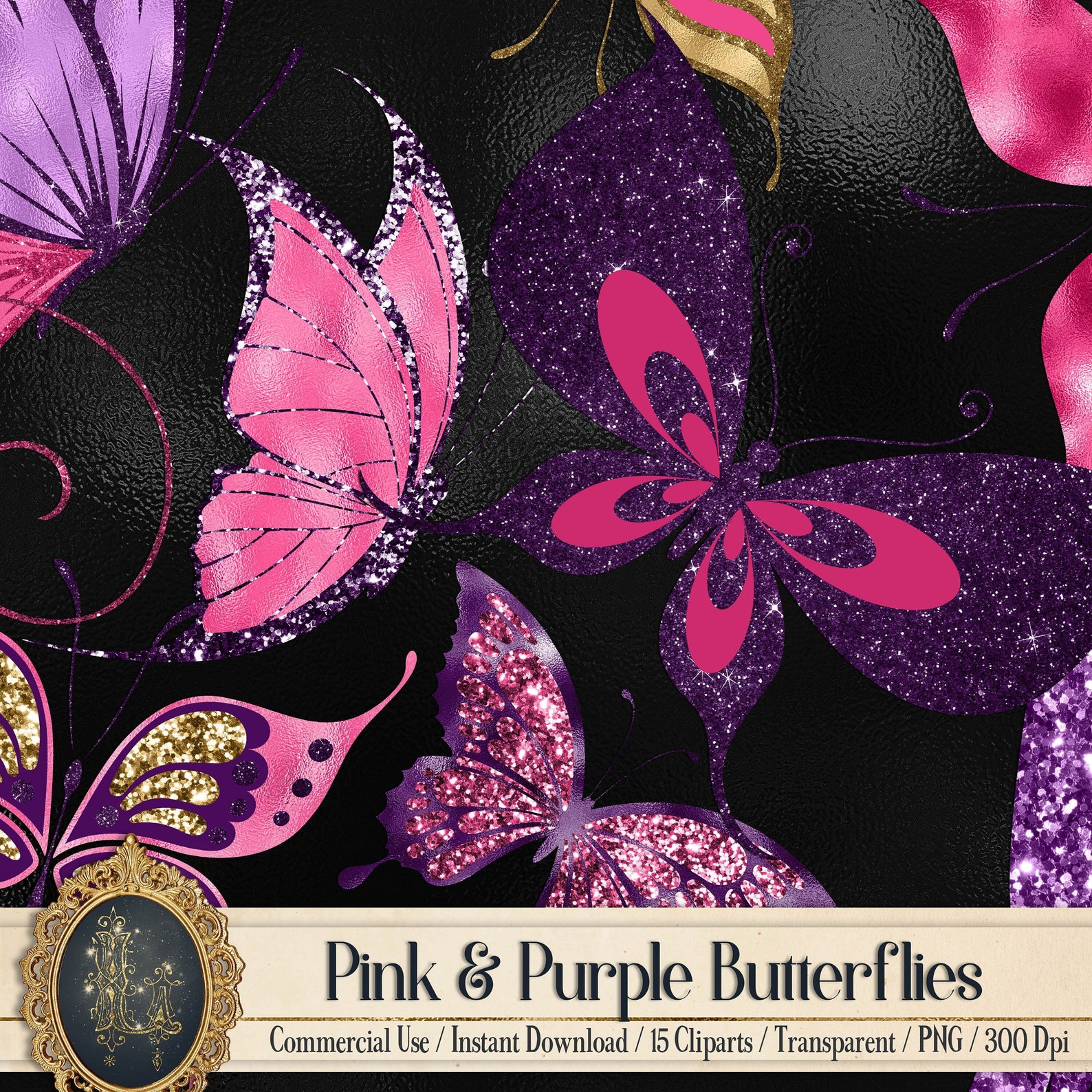 15 Pink and Purple Butterflies Gold Glitter Foil Butterfly Clip Arts ...