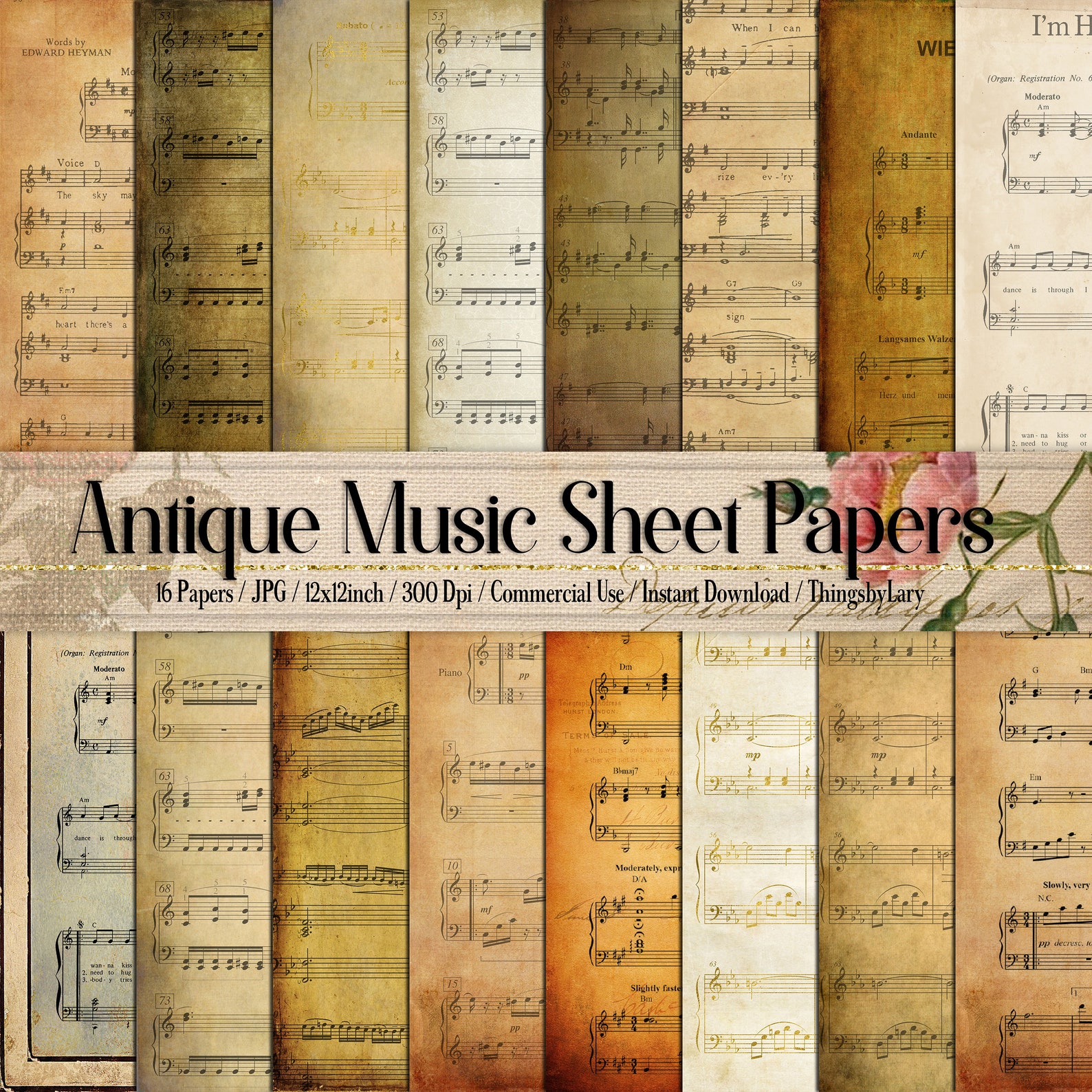 16 Antique Music Sheet Papers 12 Inch Instant Download Commercial Use ...
