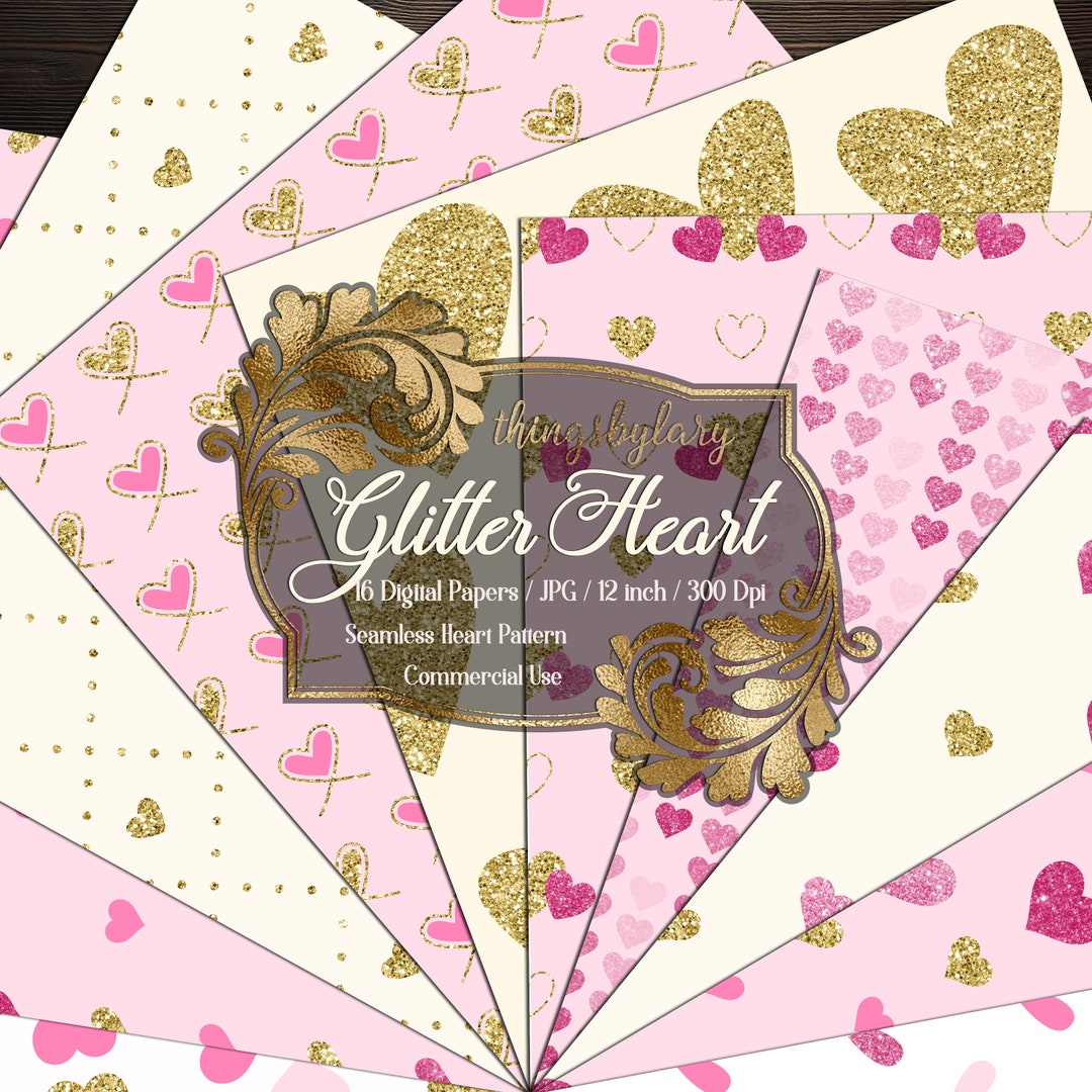 16 Gold Glitter and Pink Heart Digital Papers Commercial Use, Glitter ...