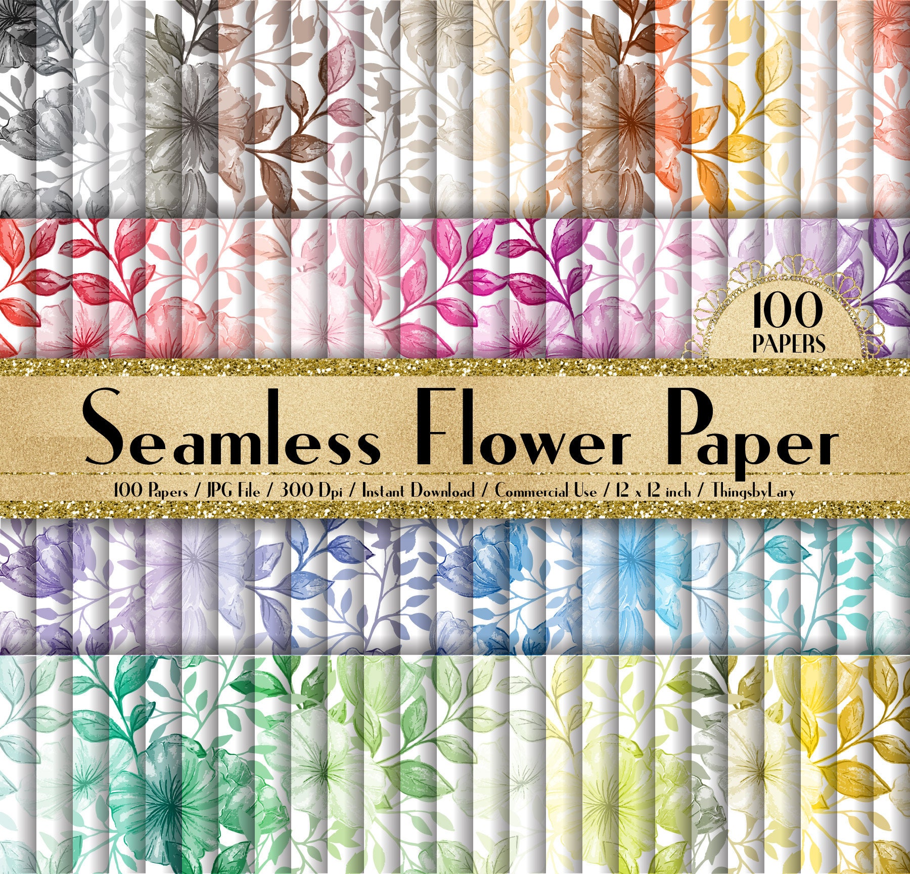 100 Seamless Flower Papers 12 Inch 300 Dpi Instant Download Commercial ...
