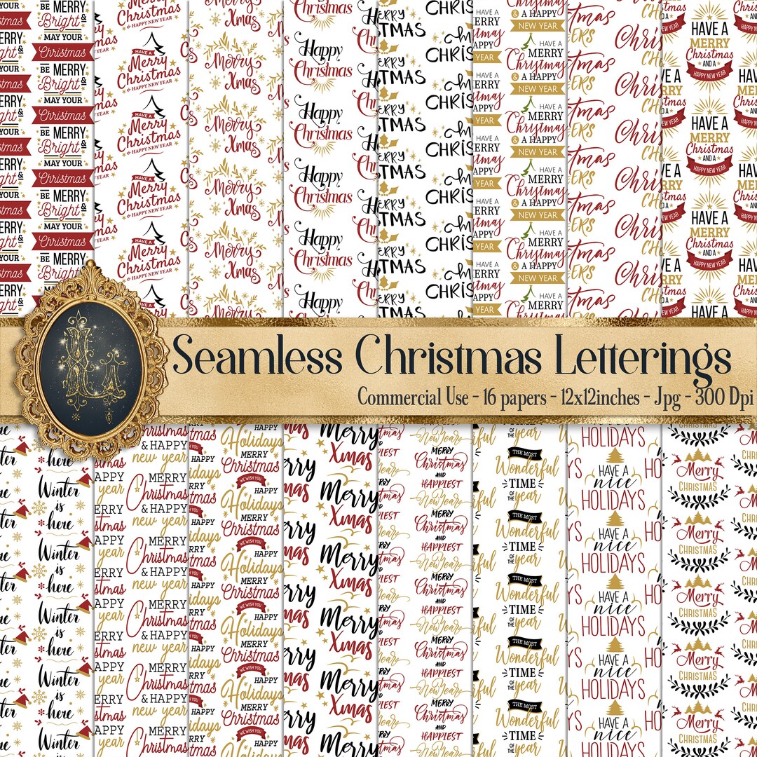 16 Seamless Christmas Greeting Typography Digital Papers Commercial Use ...