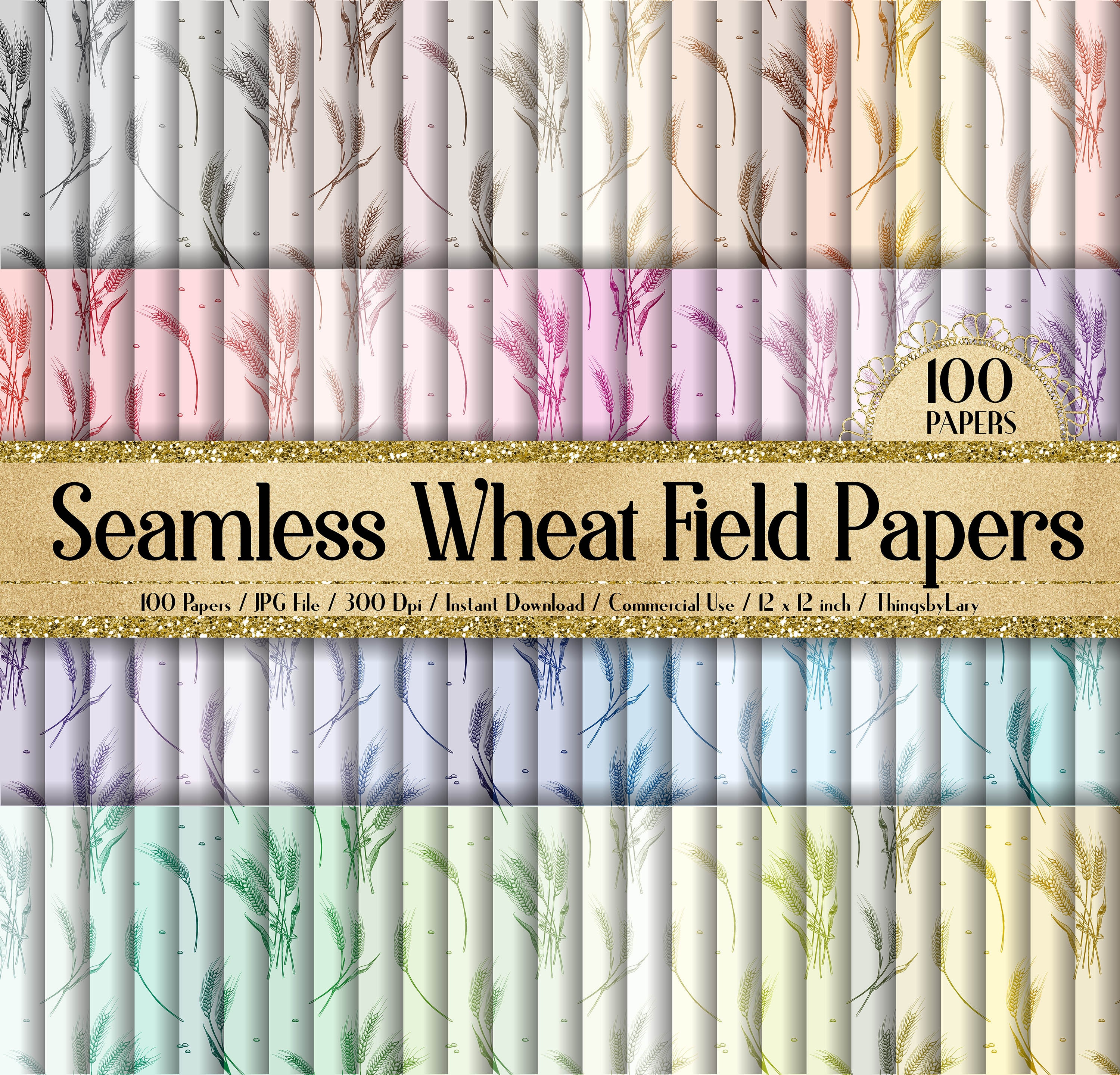 100 Seamless Wheat Field Barley Grain Organic Digital Papers 12x12" 300 ...