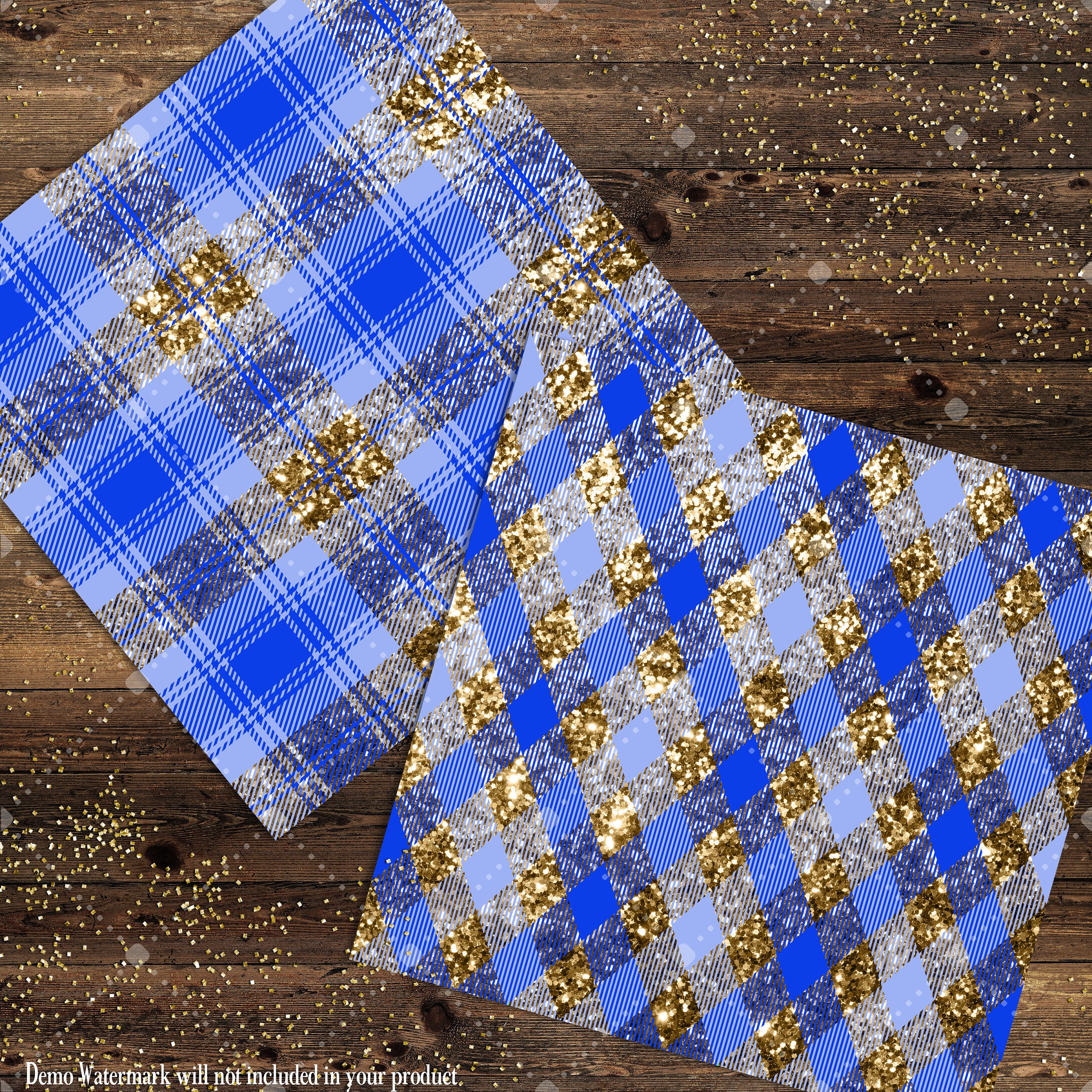 16 Luxury Gold and Royal Blue Glitter Plaid Tartan Digital Paper Pack ...