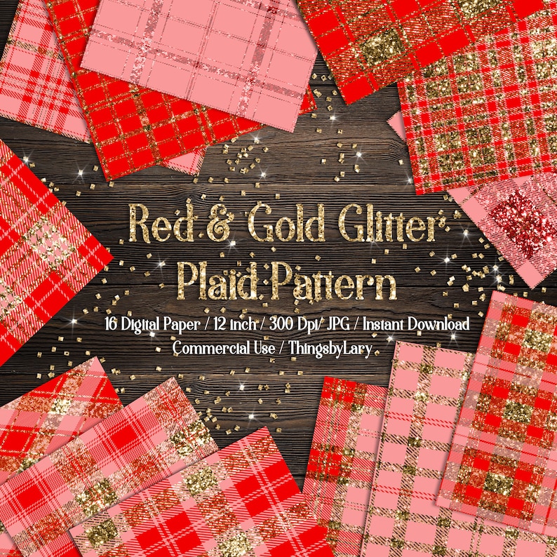 16 Luxury Gold and Red Glitter Plaid Tartan Digital Paper Pack - Etsy