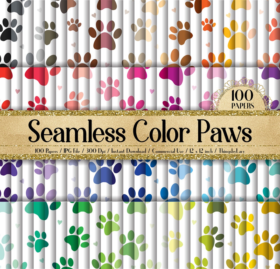 100 Seamless Color Paw Print in White Digital Papers 12x12" 300 Dpi ...