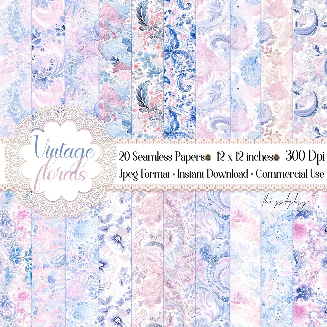 20 Seamless Watercolor Rose Quartz and Serenity Paisley Floral Digital ...
