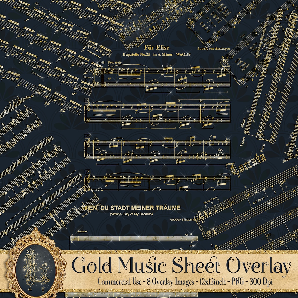 8 Gold Glitter Music Sheet Overlay Images 12 inch 300 Dpi | Etsy