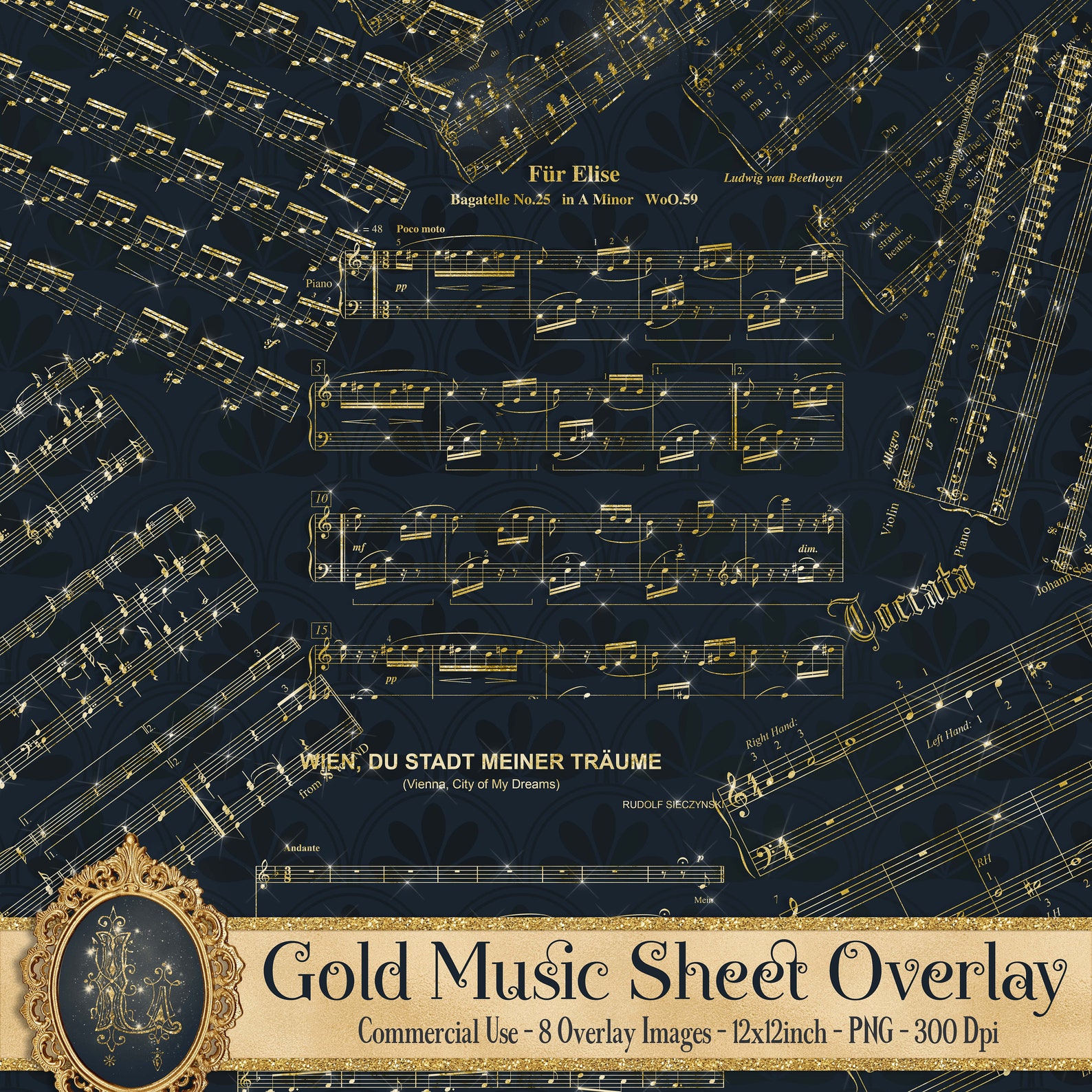 8 Gold Glitter Music Sheet Overlay Images 12 inch 300 Dpi | Etsy