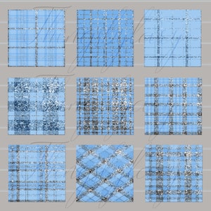 16 Luxury Silver and Light Blue Glitter Plaid Tartan Digital Paper Pack ...