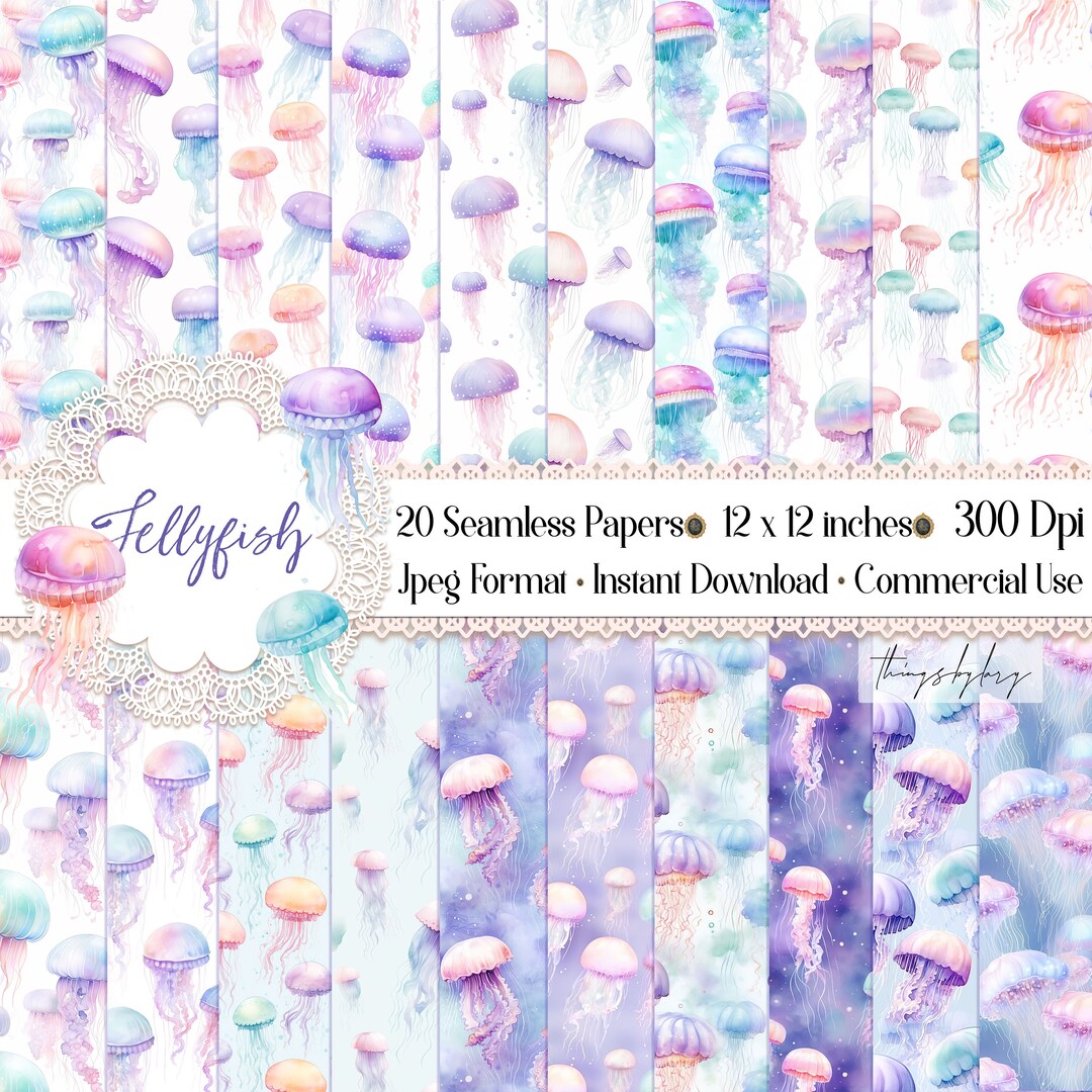 20 Seamless Watercolor Jellyfish Digital Papers Commercial Use Blue Sea ...
