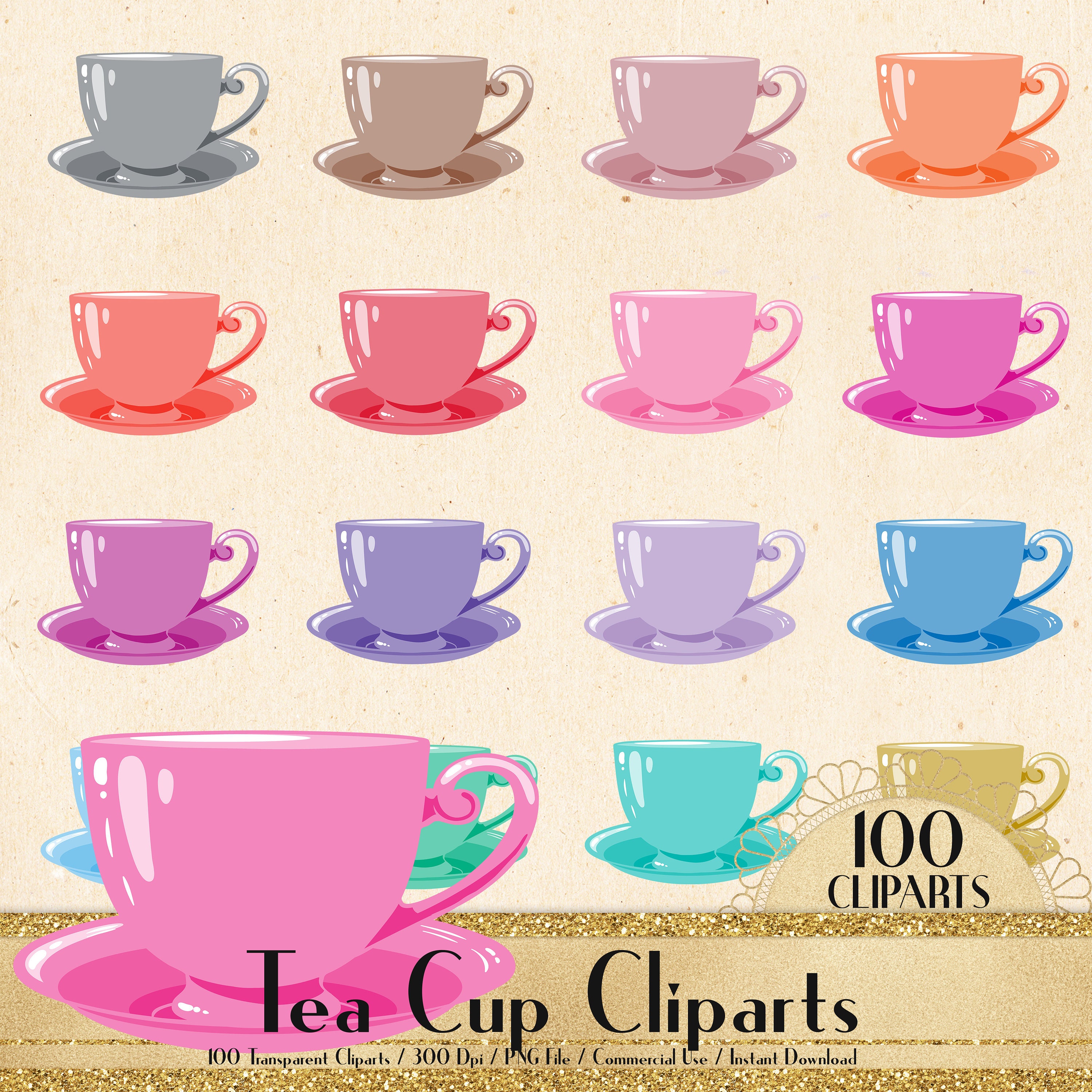 100 Tea Cup Cliparts, Garden Party Cliparts, Lovely Clipart, 100 PNG ...