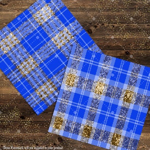 16 Luxury Gold and Royal Blue Glitter Plaid Tartan Digital Paper Pack ...