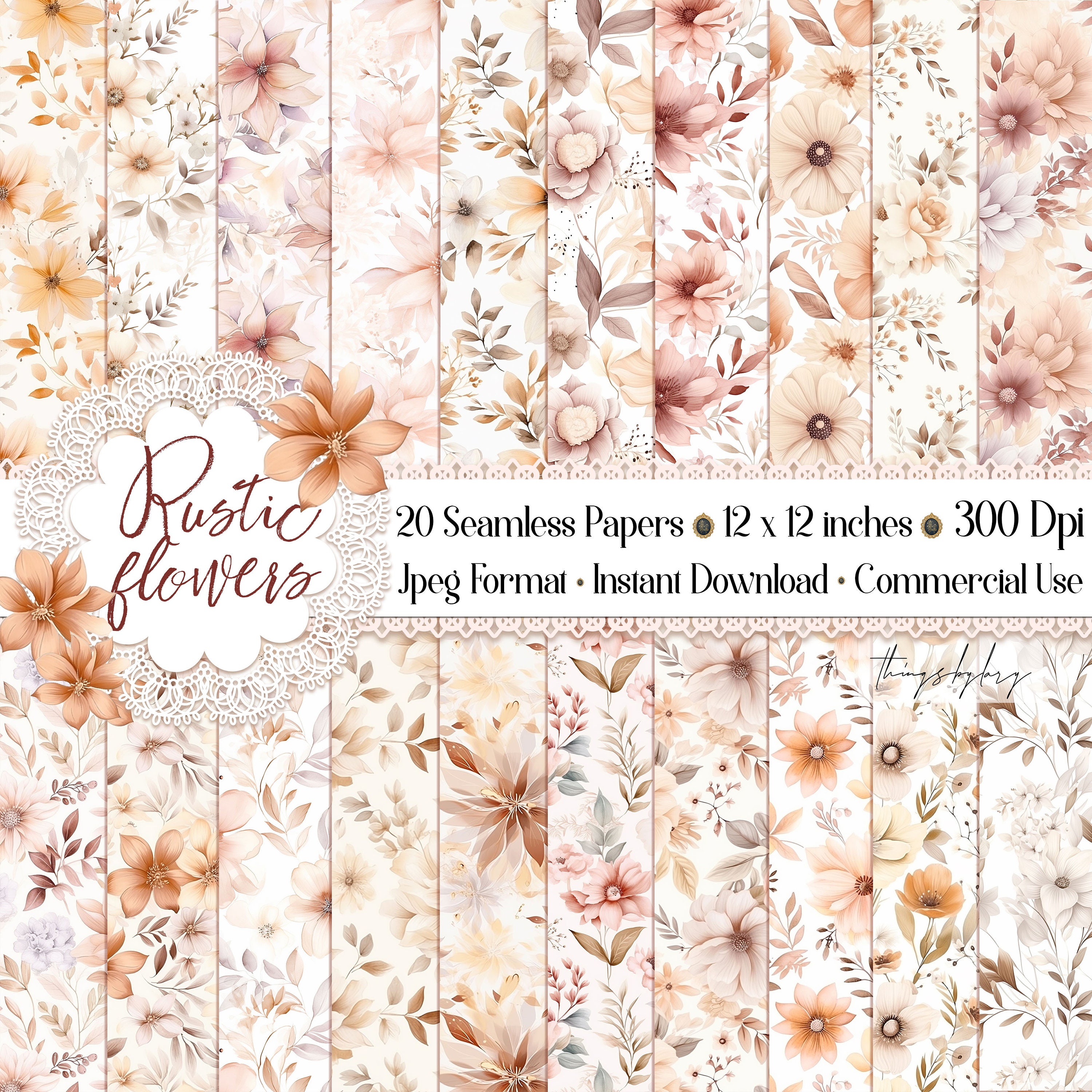 20 Seamless Watercolor Rustic Boho Flowers Digtial Papers Commercial ...