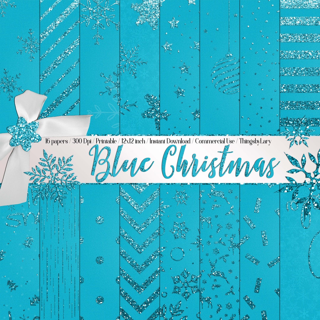 16 Blue Glitter Christmas Digital Papers 12" 300 Dpi Instant Download ...